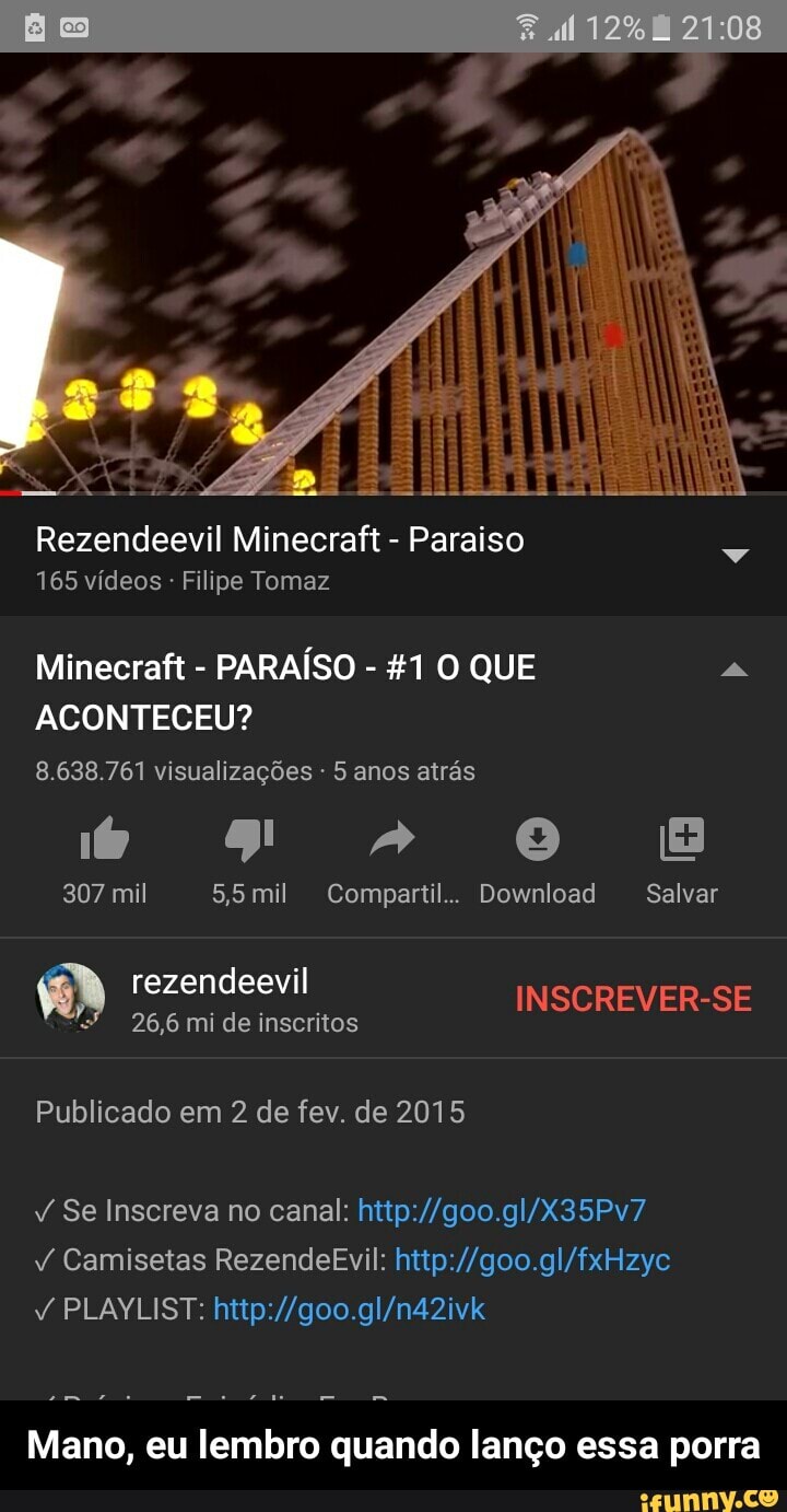Rezendeevil Minecraft Paraiso 165 Vídeos Filipe Tomaz Minecraft ParaÍso