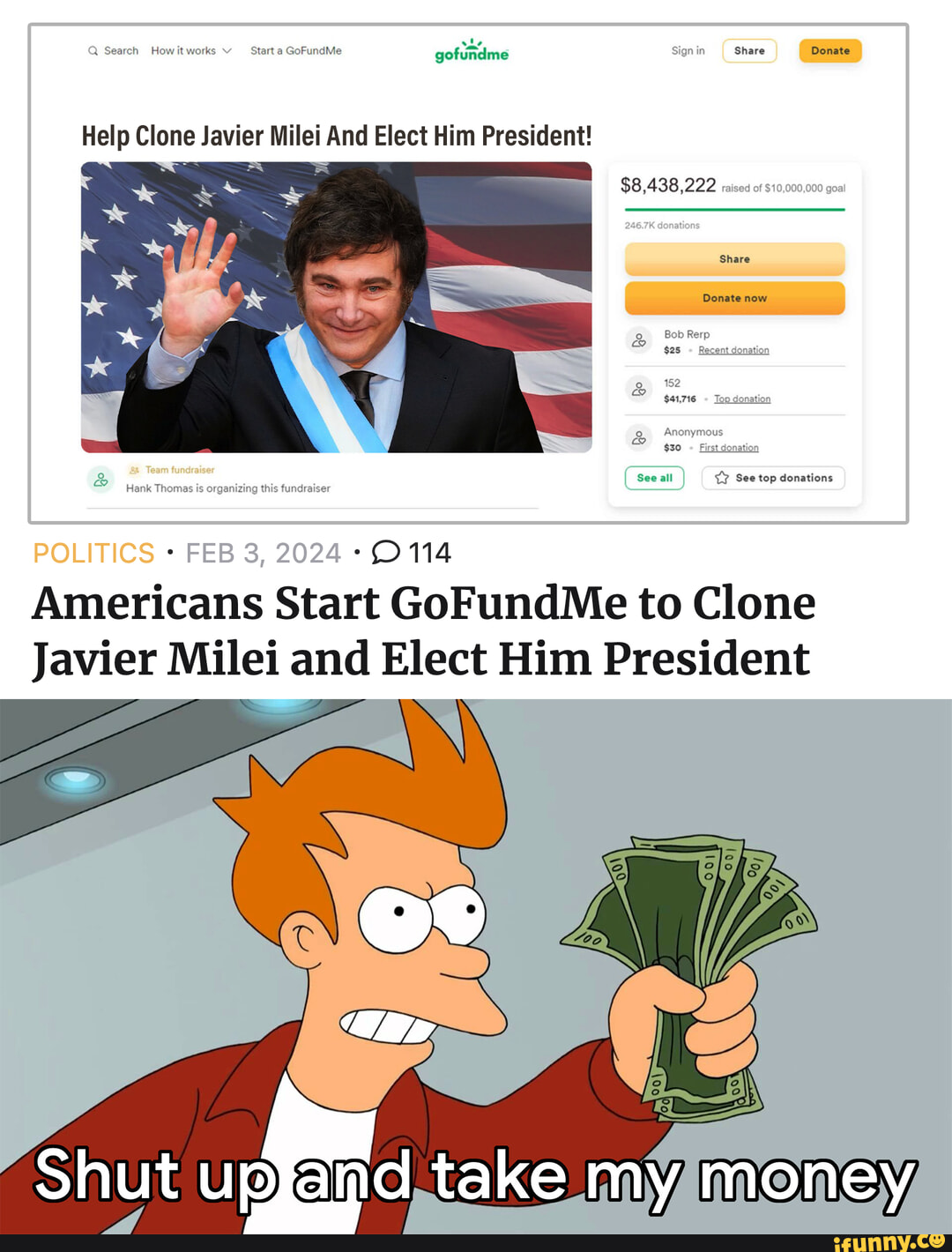 Gofundme share I Donate Help Clone Javier Milei And Elect Him President ...