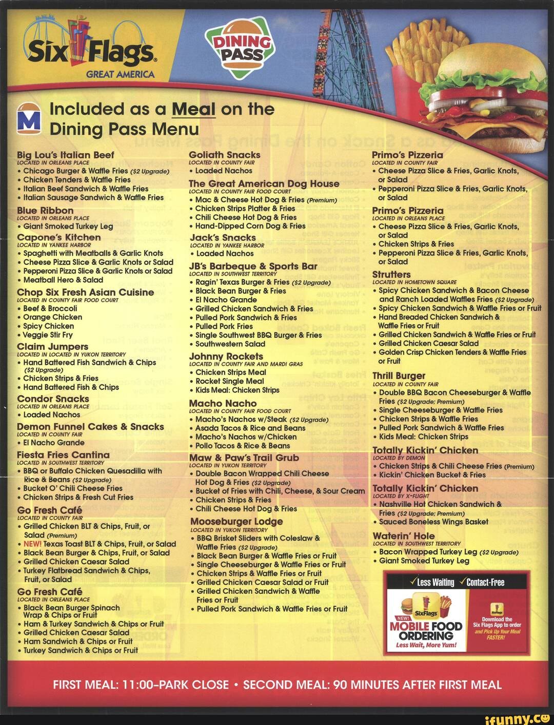 2021 Six Flags Great America Season Dining Pass Menu #1 - Big Lo Lou's ...