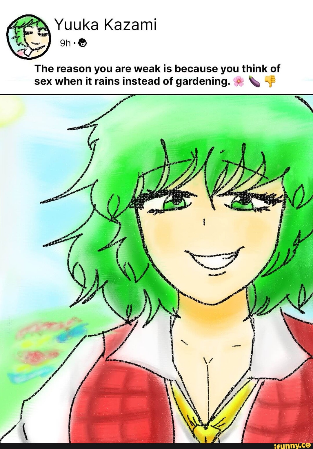 Yuuka Kazami The reason you are weak is because you think of sex when it rains instead of ...