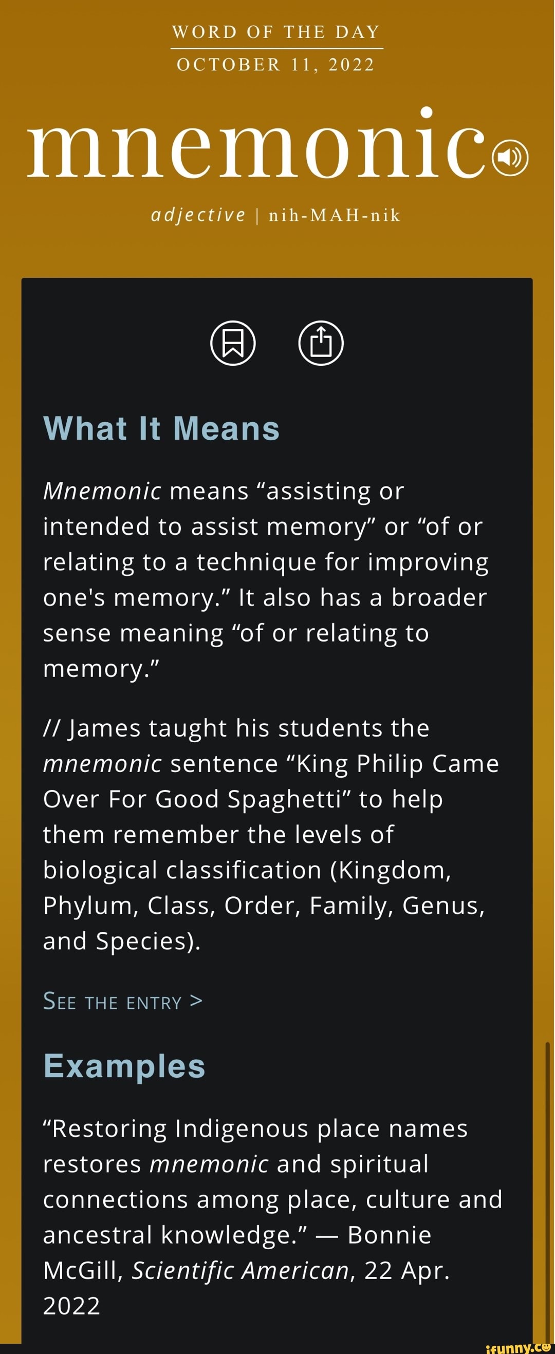 WORD OP THE DAY OCTOBER 2022 mnemonice adjective I nih-MAH-nik What It ...