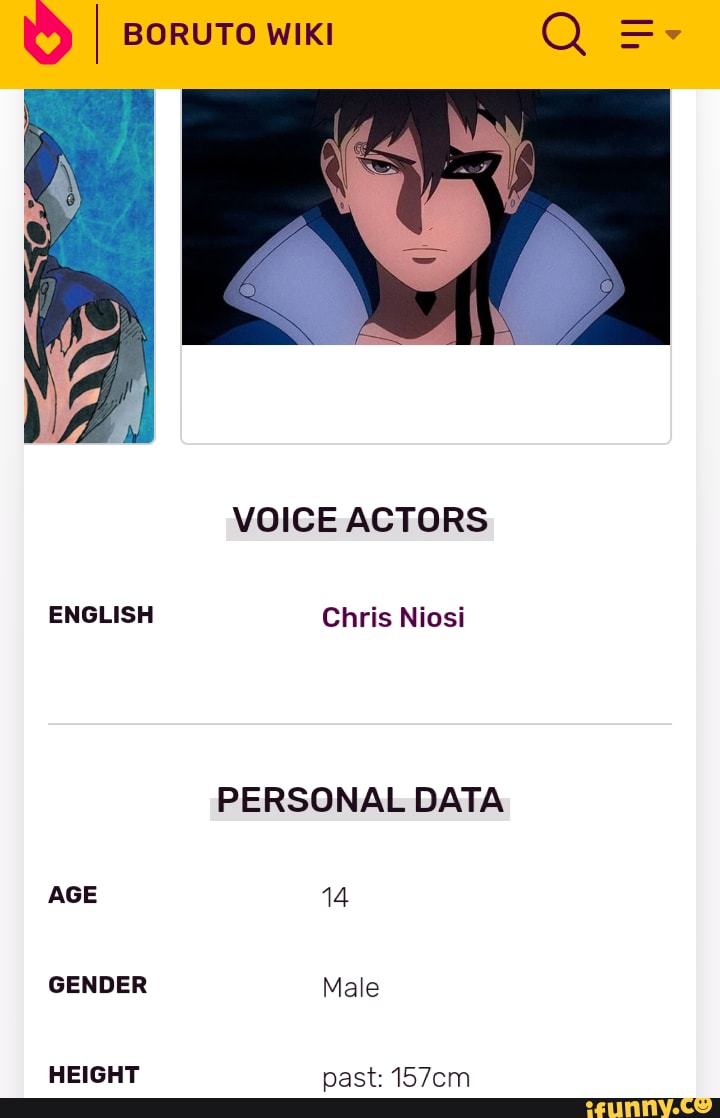 I BORUTO WIKI ENGLISH AGE GENDER Ml VOICE ACTORS Chris Niosi PERSONAL ...