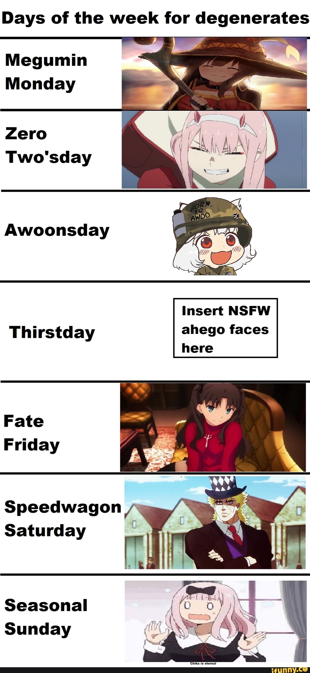 Days of the week for degenerates Megumin Monday Zero Two'sday Awoonsday ...