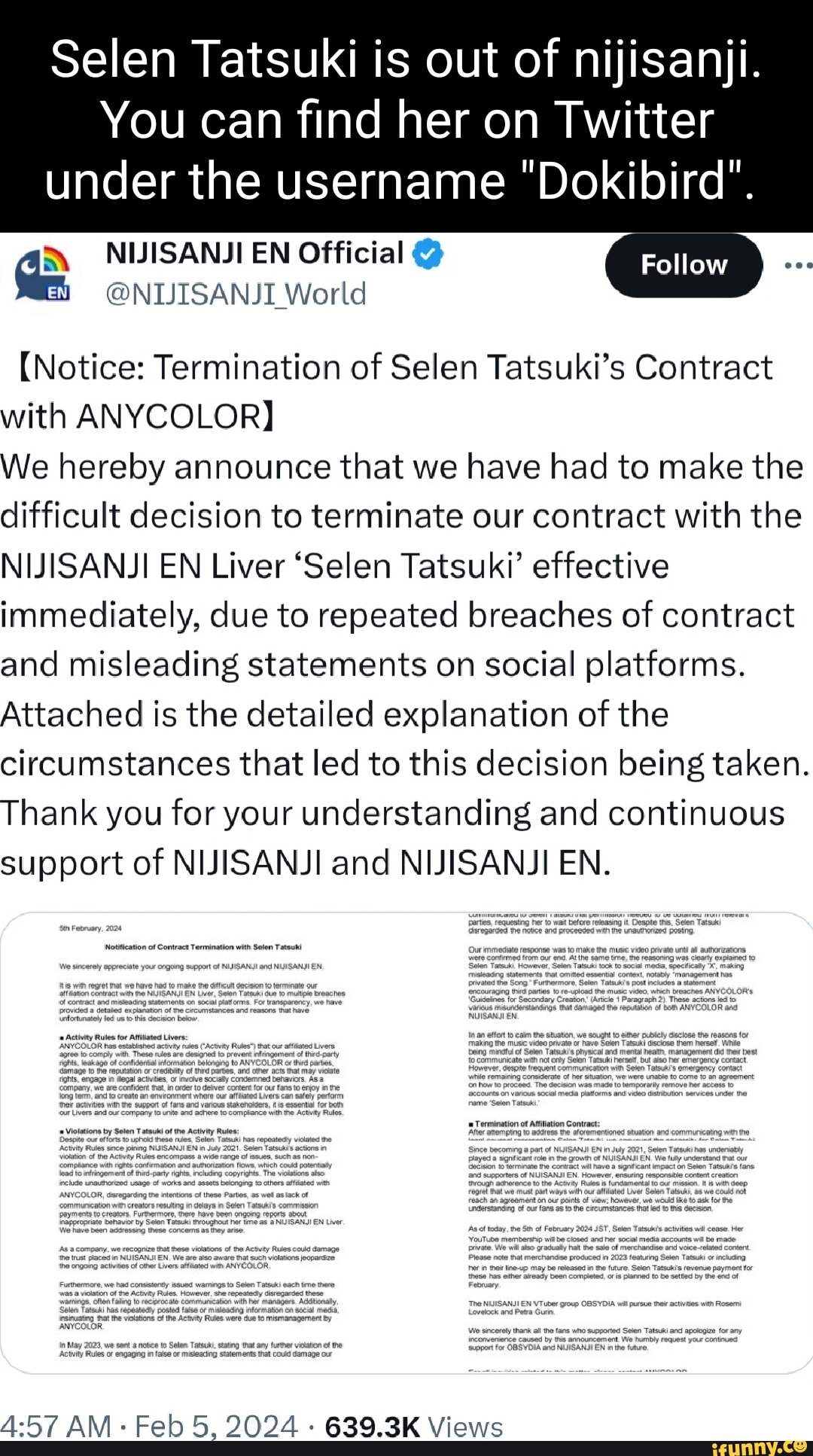 Selen Tatsuki is out of nijisanji. You can find her on Twitter under the username "Dokibird ...