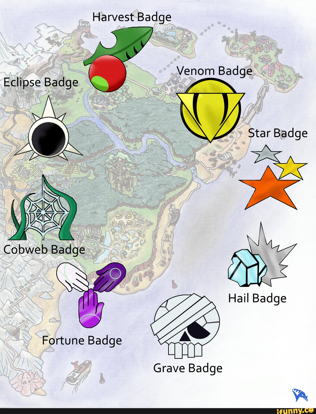 Kawaru Region Badges and Gym Leaders - Harvest Badge Venom Badge Eclipse Badge ry Oi. Badge ...