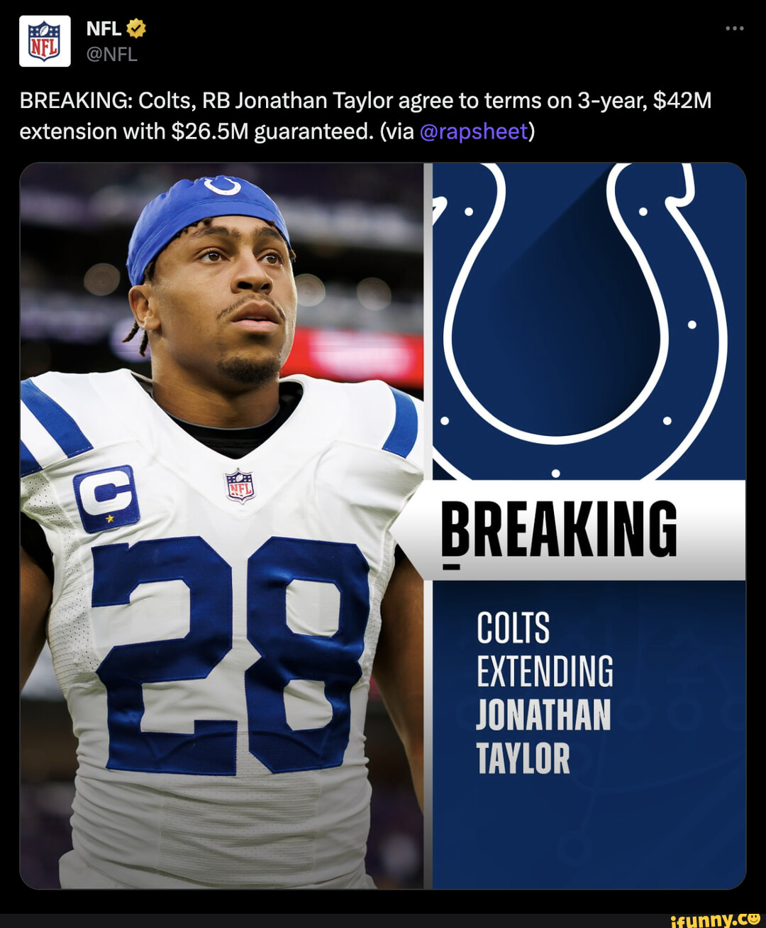 NFL @NFL BREAKING: Colts, RB Jonathan Taylor agree to terms on 3-year ...