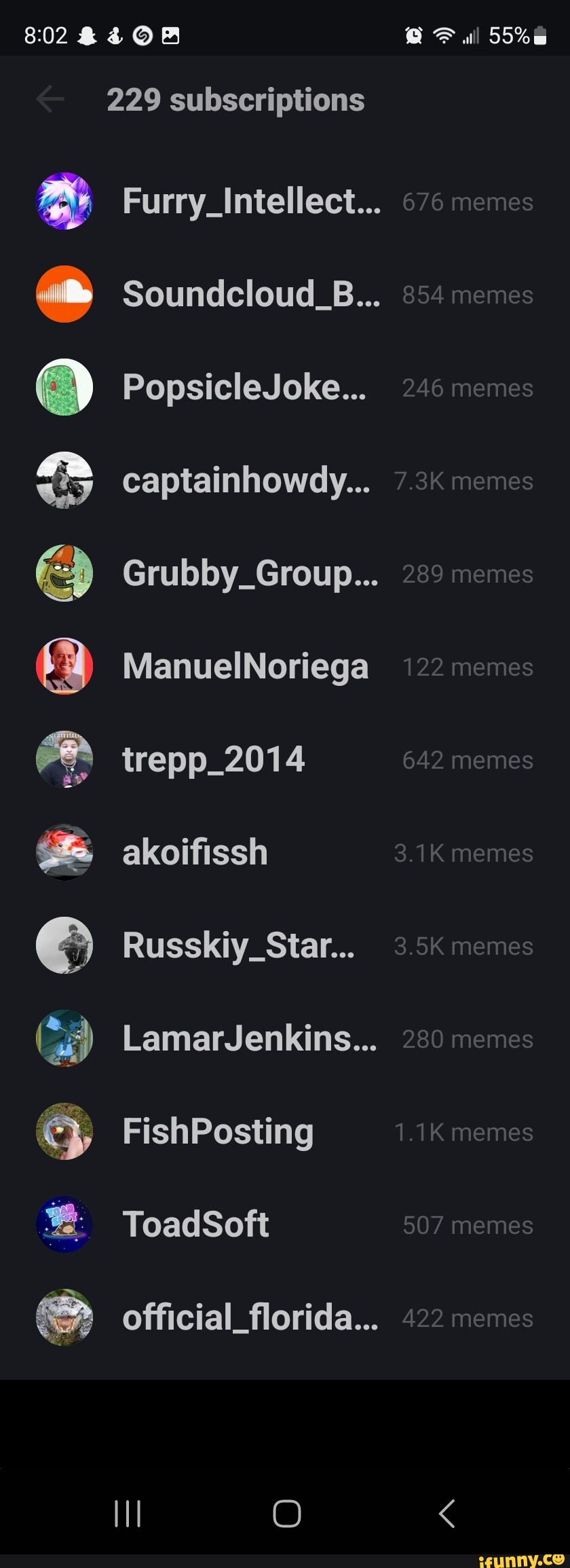 229 sulbscriptions Furry_Intellect... 676 memes Soundcloud_B... 854 ...