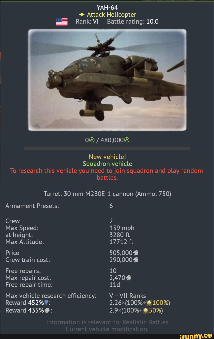YAH-64 - YAH-64 Attack Helicopter Rank: VI Battle rating: 10.0 480,0008 ...