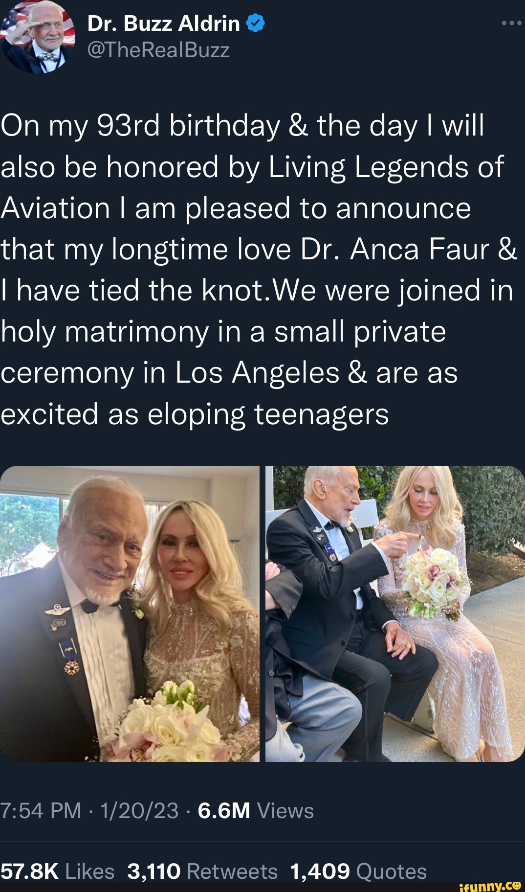 Dr. Buzz Aldrin @ On my 93rd birthday & the day I will also be honored ...