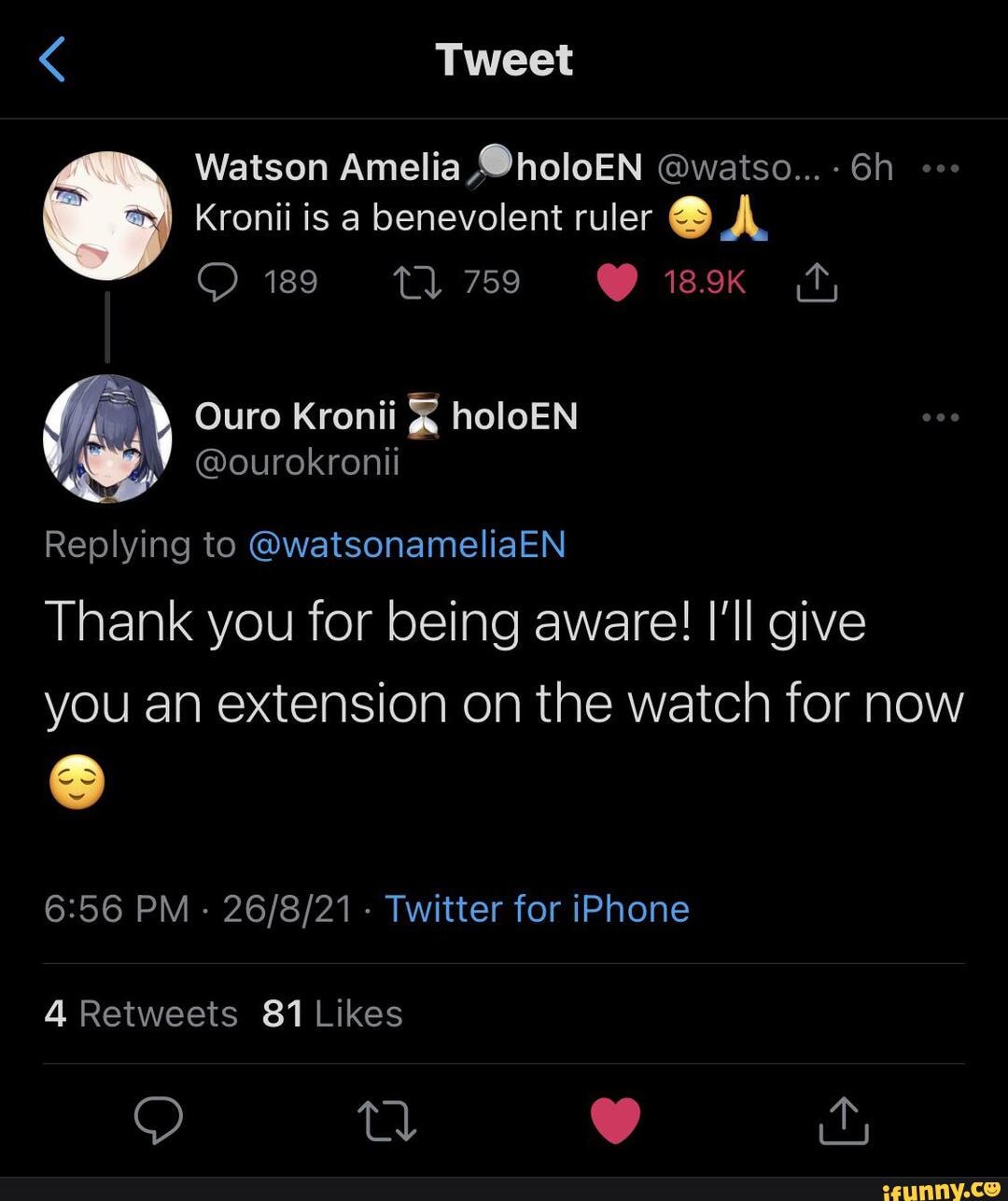 Tweet Watson Amelia SholoEN @watso...-Gh Kronii is a benevolent ruler ...