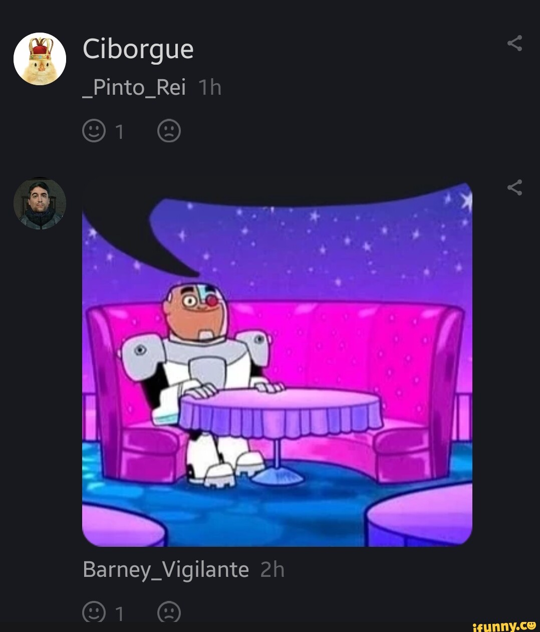 Ciborgue Pinto Rei ante Barney Vigi - iFunny Brazil