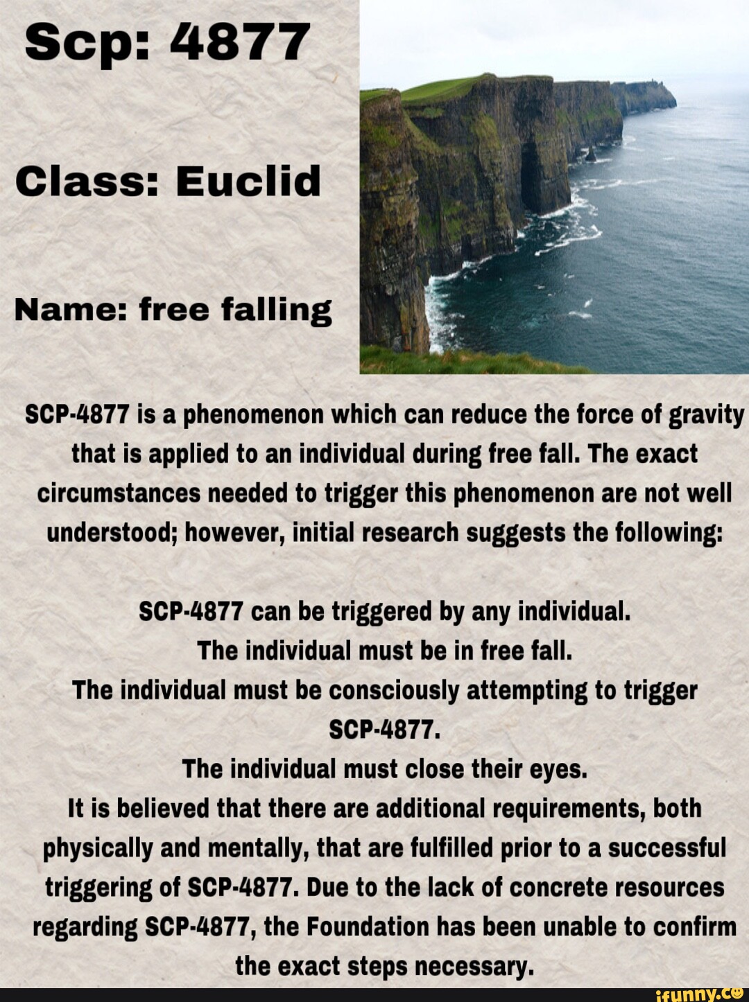 Scp: 4877 Class: Euclid Name: free falling SCP-4877 is a phenomenon ...
