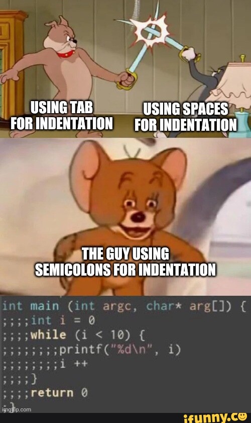 Using Tab Using Spaces Forindentation For Indentation The Guy Using Semicolons For Indentation
