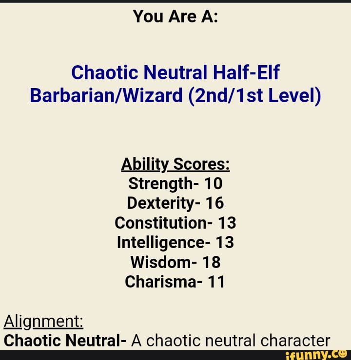 You Are A: Chaotic Neutral Half-Elf Level) Ability Scores: Strength- 10 ...