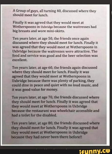 A Group of guys, all turning 40, discussed where they should meet for ...