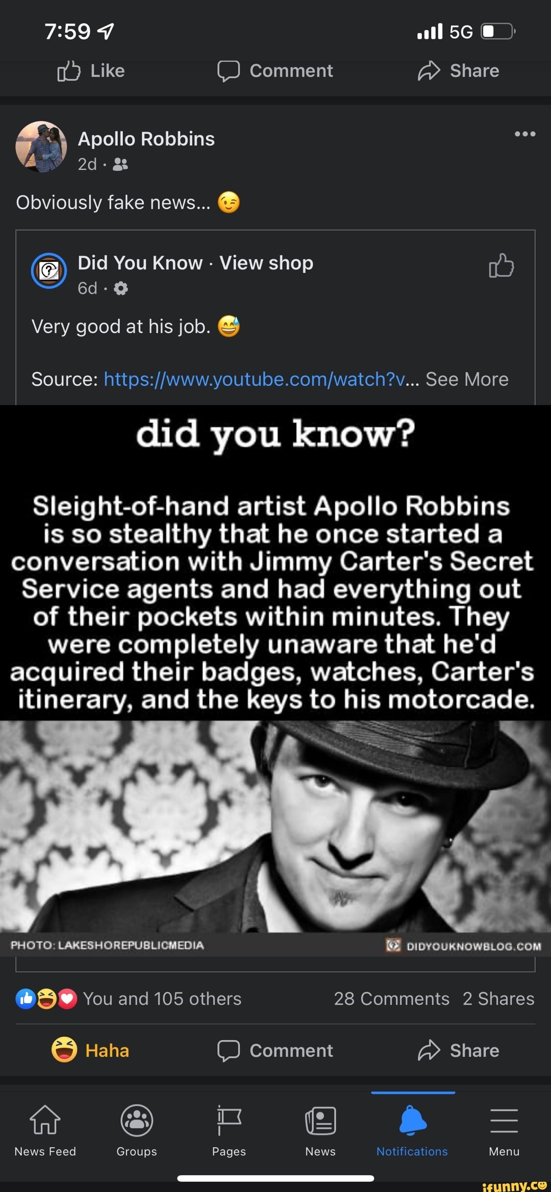 7 all @ Like Comment Share Apollo Robbins Obviously fake news... Did ...