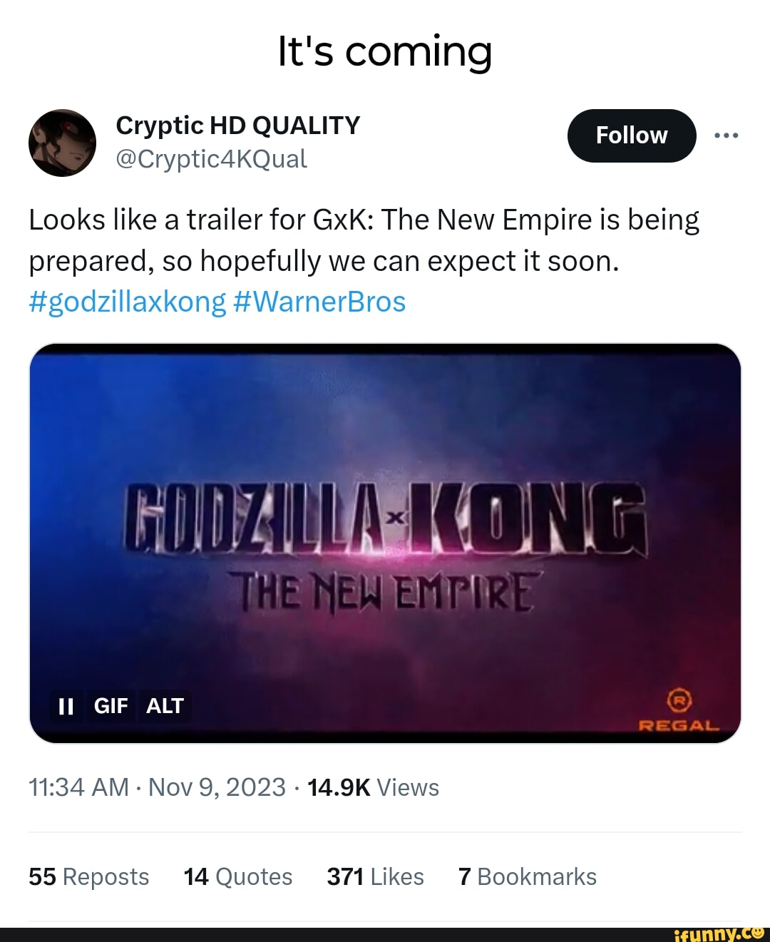 It's coming Cryptic HD QUALITY Follow @Cryptic4kKQual Fetiow Looks like a trailer for GxK: The ...