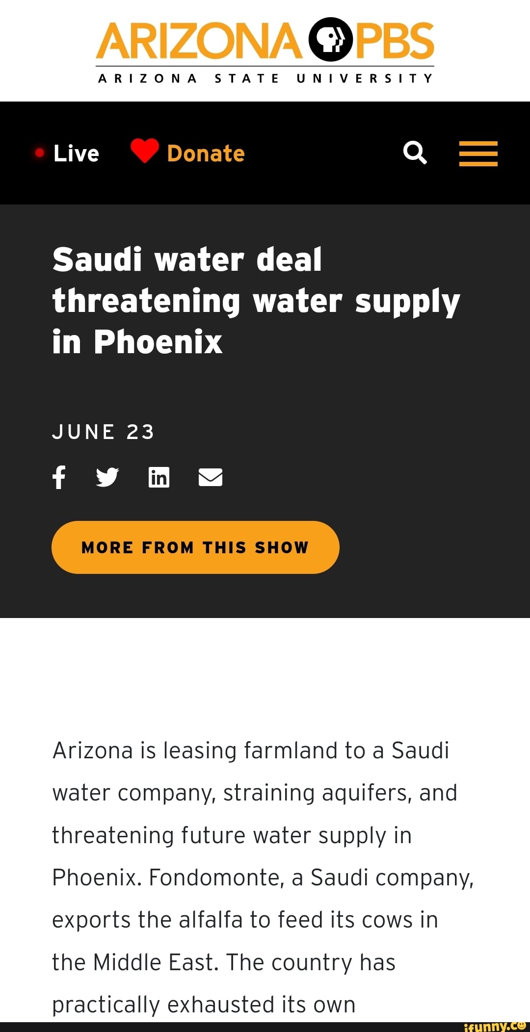 ARIZONA @PBS ARIZONA STATE UNIVERSITY Live Donate Saudi water deal ...