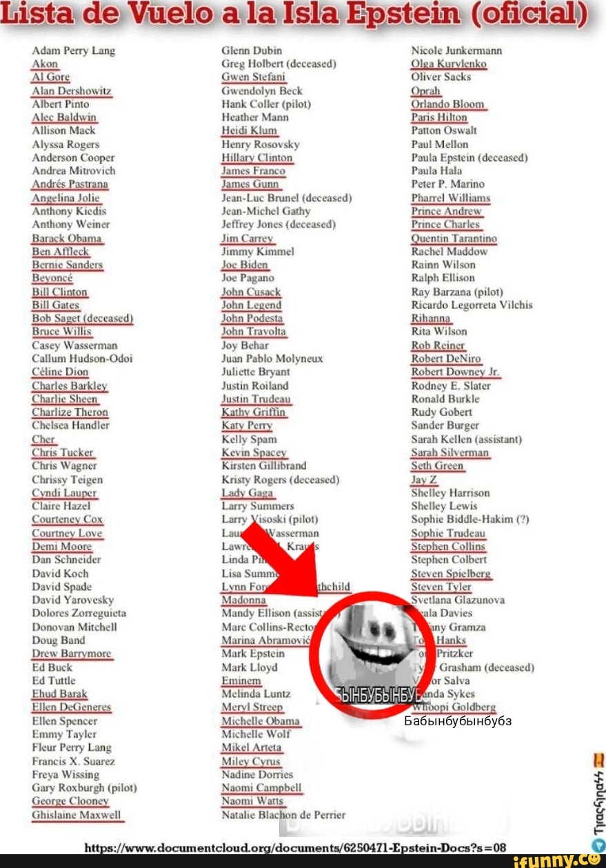 Lista de Vuelo ala Isla, Epstein (oficial) Adam Perry Lang Akon Al Gore ...
