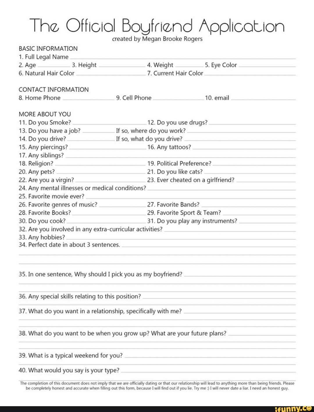 Boyfriend Application Form