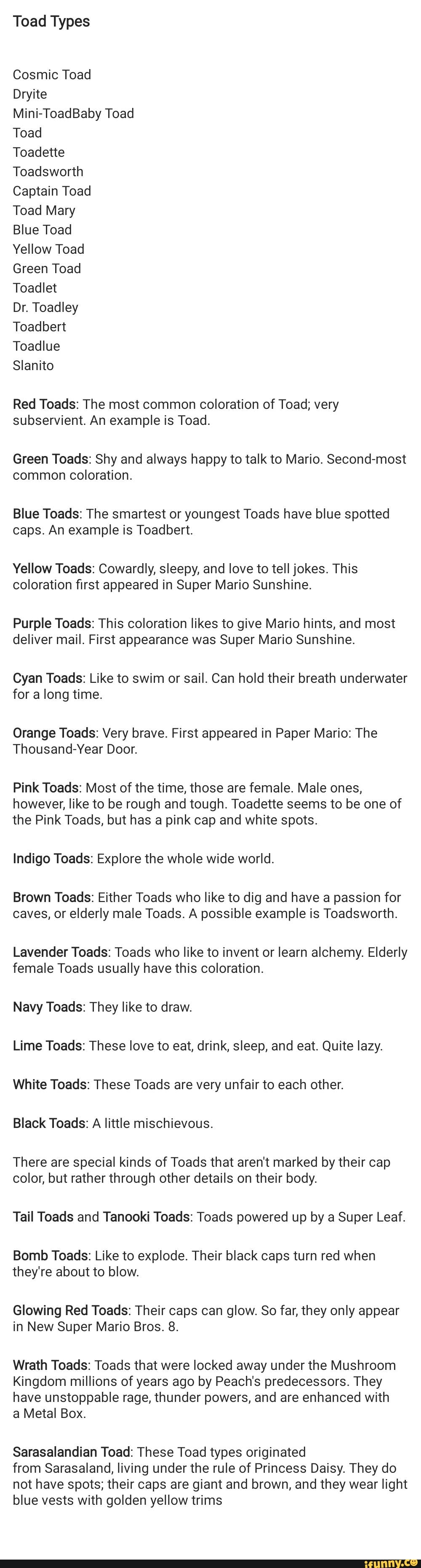 Toad Types Cosmic Toad Dryite Mini-ToadBaby Toad Toad Toadette ...