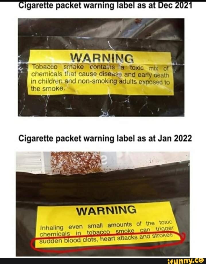 Cigarette packet warning label as at Dec 2021 WARNING Tobacco smoke AS ...