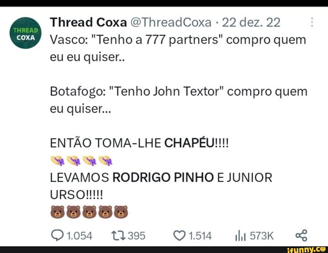 THREAD CORA Thread Coxa OThreadCoxa - 22 dez. 22 Vasco: "Tenho a 777 ...
