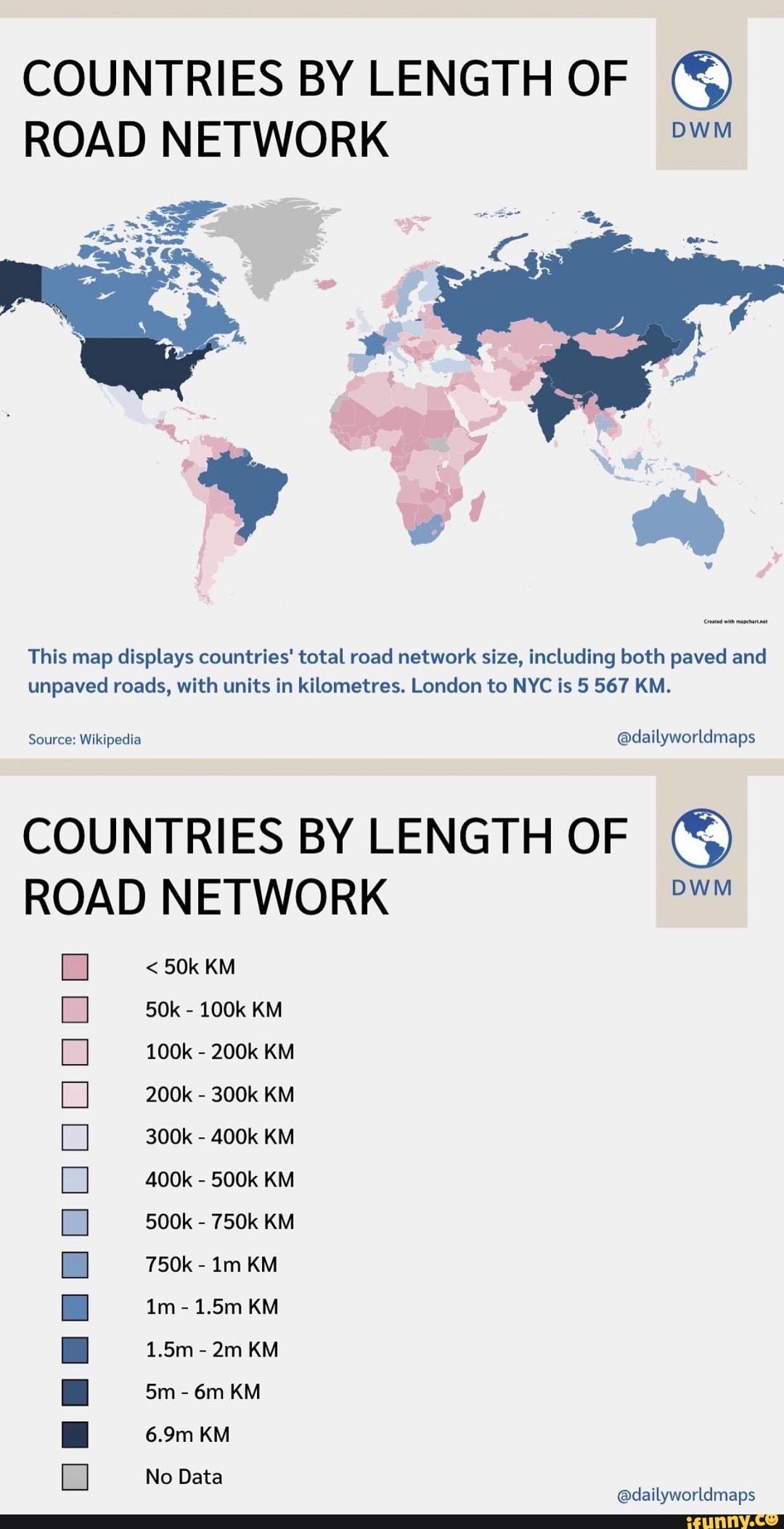 COUNTRIES BY LENGTH OF ROAD NETWORK This map displays countries' total ...