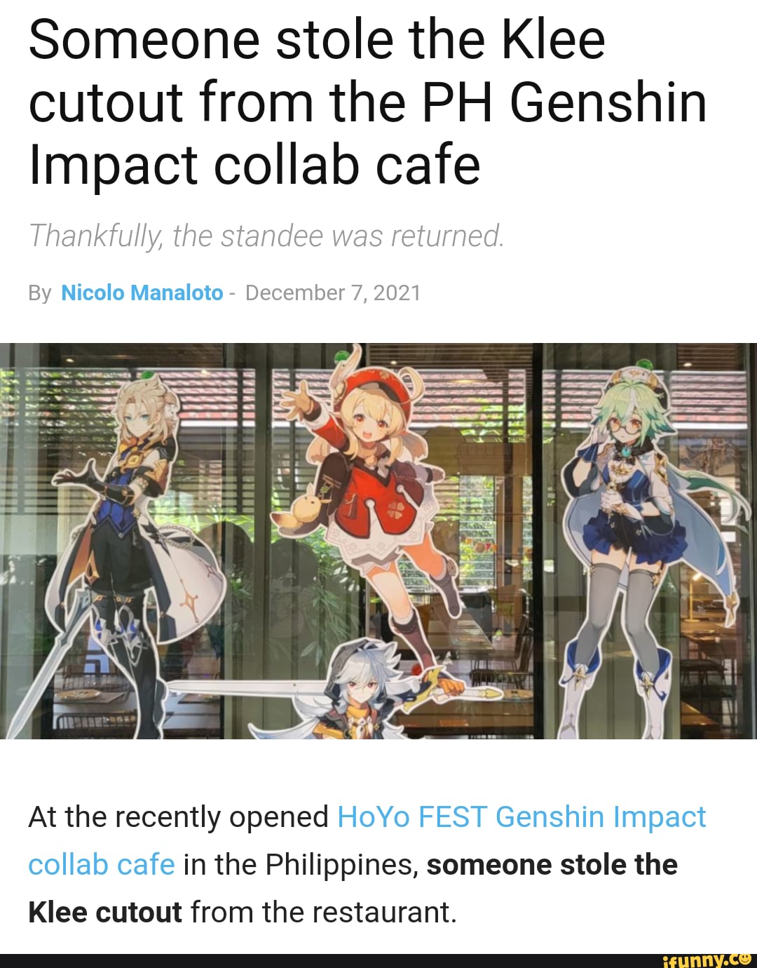 Someone stole the Klee cutout from the PH Genshin Impact collab cafe ...