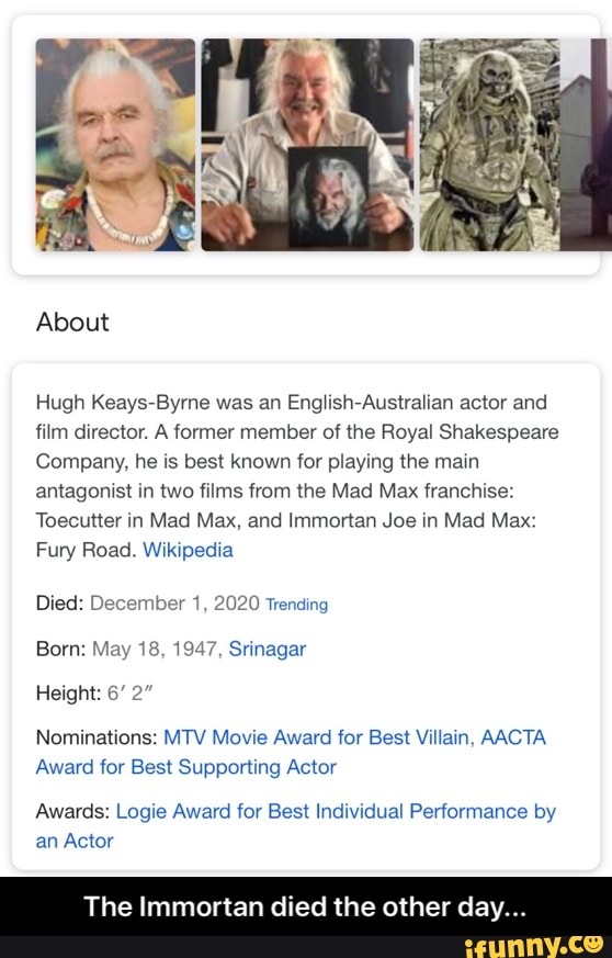 About Hugh Keays-Byrne was an English Australian actor and film ...