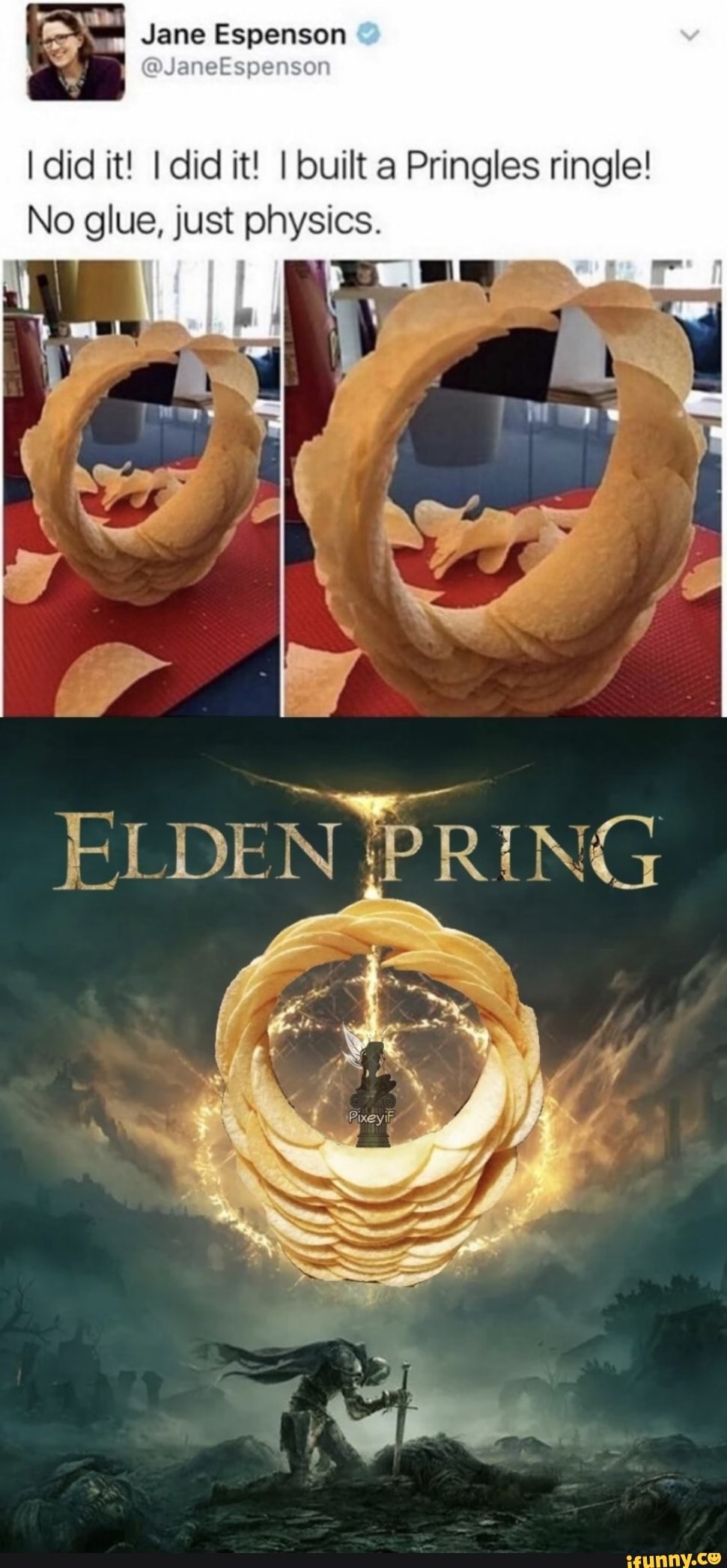 Jane Espenson @JaneEspenson I did it! did it! I built a Pringles ringle ...