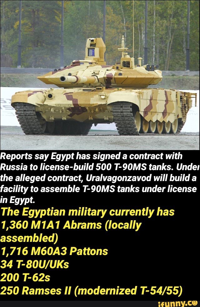 Reports say Egypt has signed a contract with Russia to license-build 500 T-90MS tanks. Under the ...
