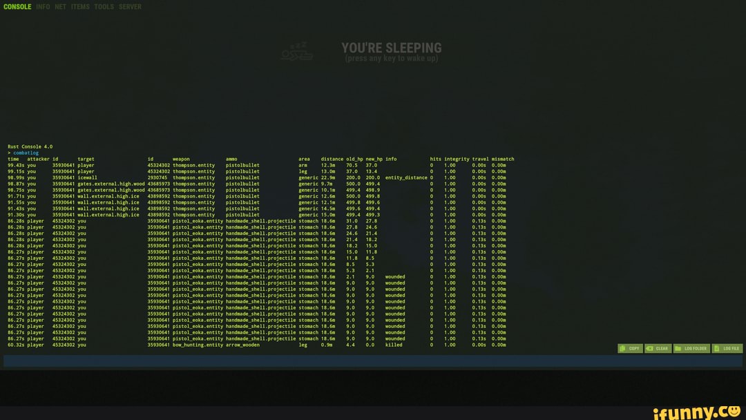 CONSOLE Rust Console 4.0 > combatlog time attacker id time 99.43s 99 ...
