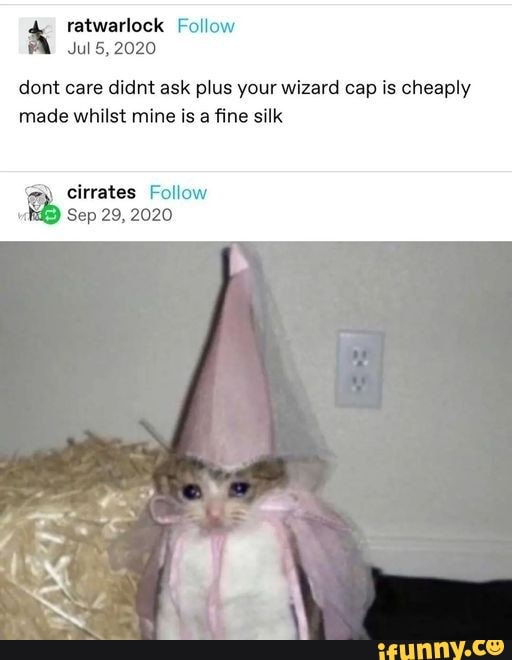 Ratwarlock Follow Jul 5, 2020 dont care didnt ask plus your wizard cap ...