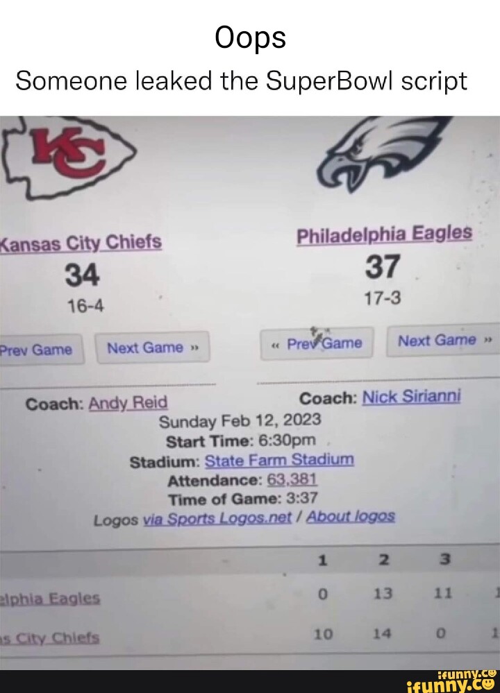 Oops Someone leaked the SuperBowl script Kansas City Chiefs Philadelphia Eagles 34 37. 16-4 17-3 ...