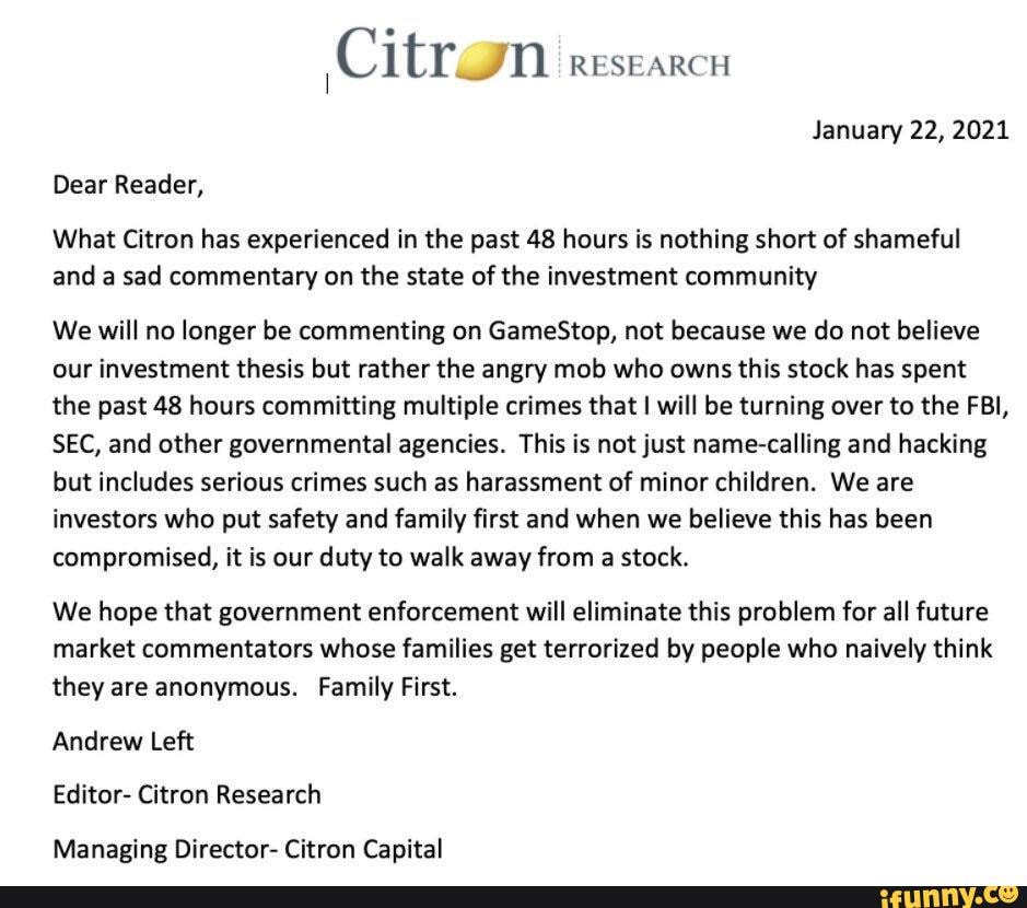Citron RESEARCH January 22, 2021 Dear Reader, What Citron has ...