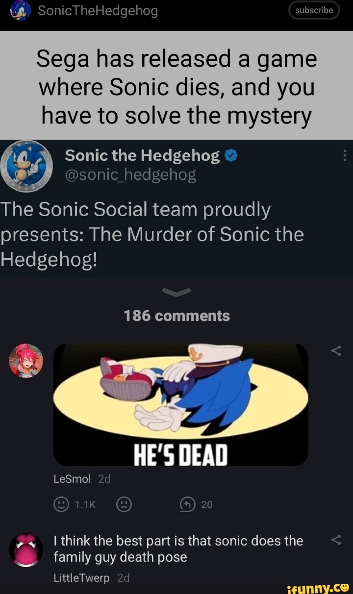 SonicTheHedgehog subscribe Sega has released a game where Sonic dies ...