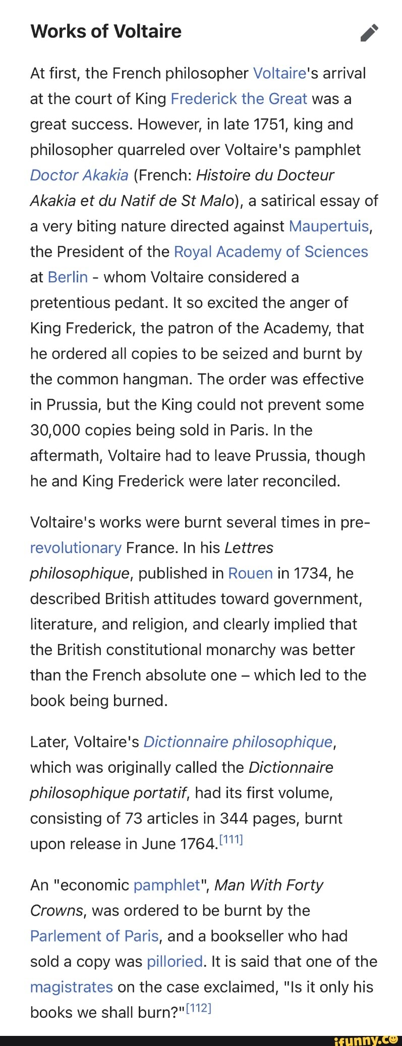 Works of Voltaire At first, the French philosopher Voltaire's arrival ...