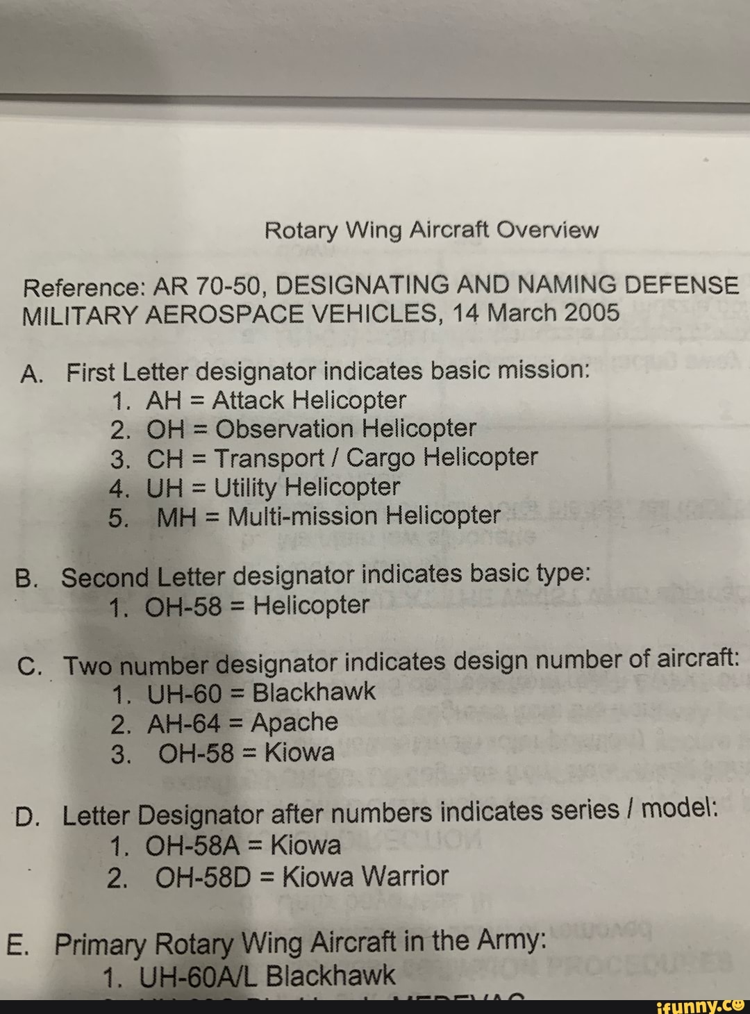 Rotary Wing Aircraft Overview Reference: AR 70-50, DESIGNATING AND ...