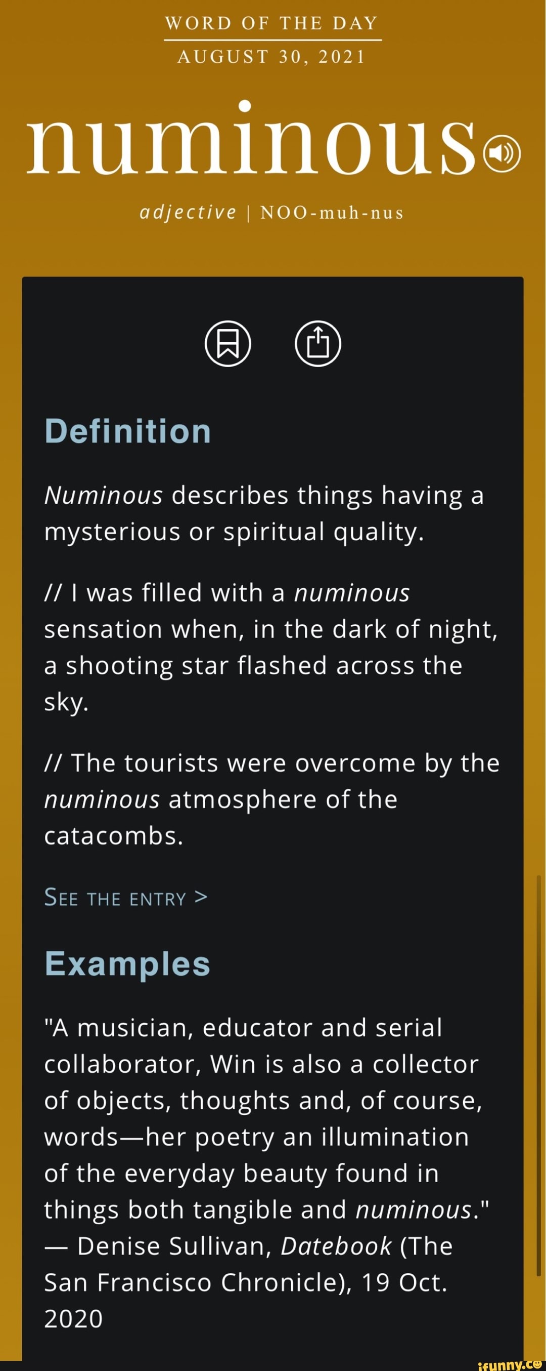 WORD OF THE DAY AUGUST 30, 2021 numinous" adjective I NOO-muh-nus ...