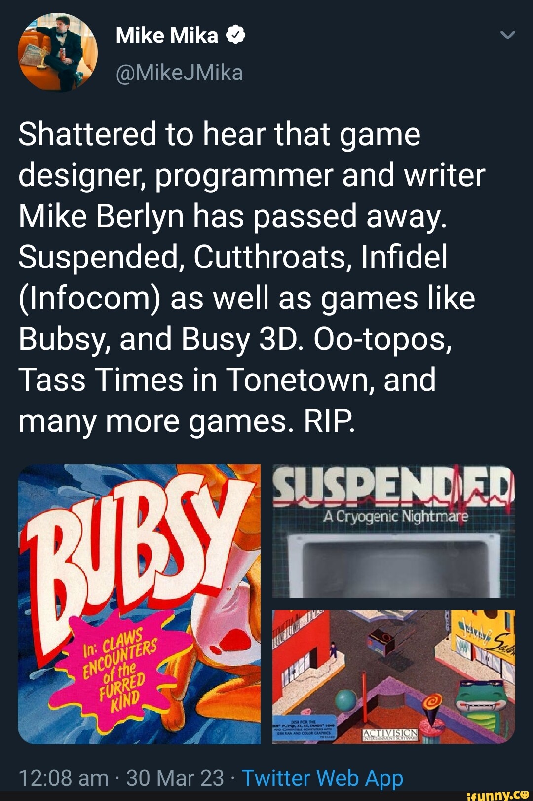 Mike Mika Shattered to hear that game designer, programmer and writer ...
