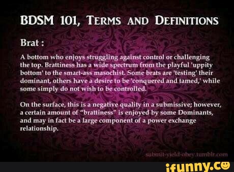 BDSM 101, TERMS AND DEFINITIONS Brat: A bottom who enjoys struggling ...
