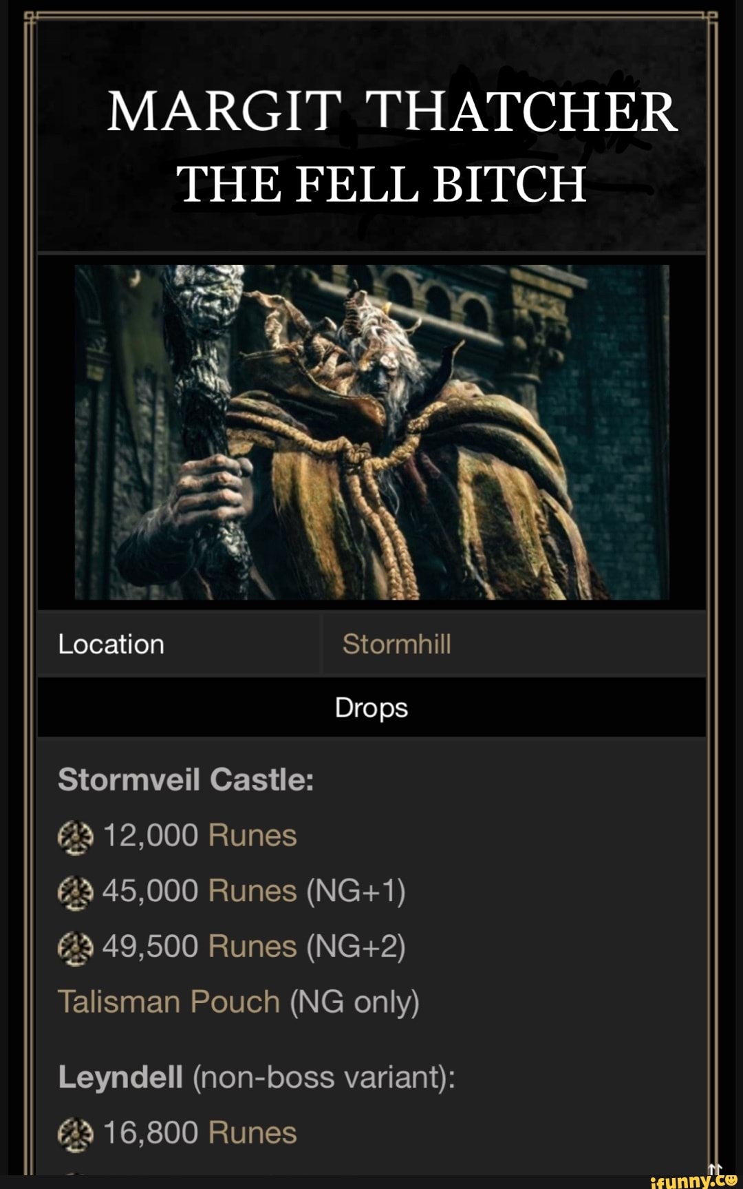 MARGIT THATCHER THE FELL BITCH Location Stormhill Drops Stormveil ...