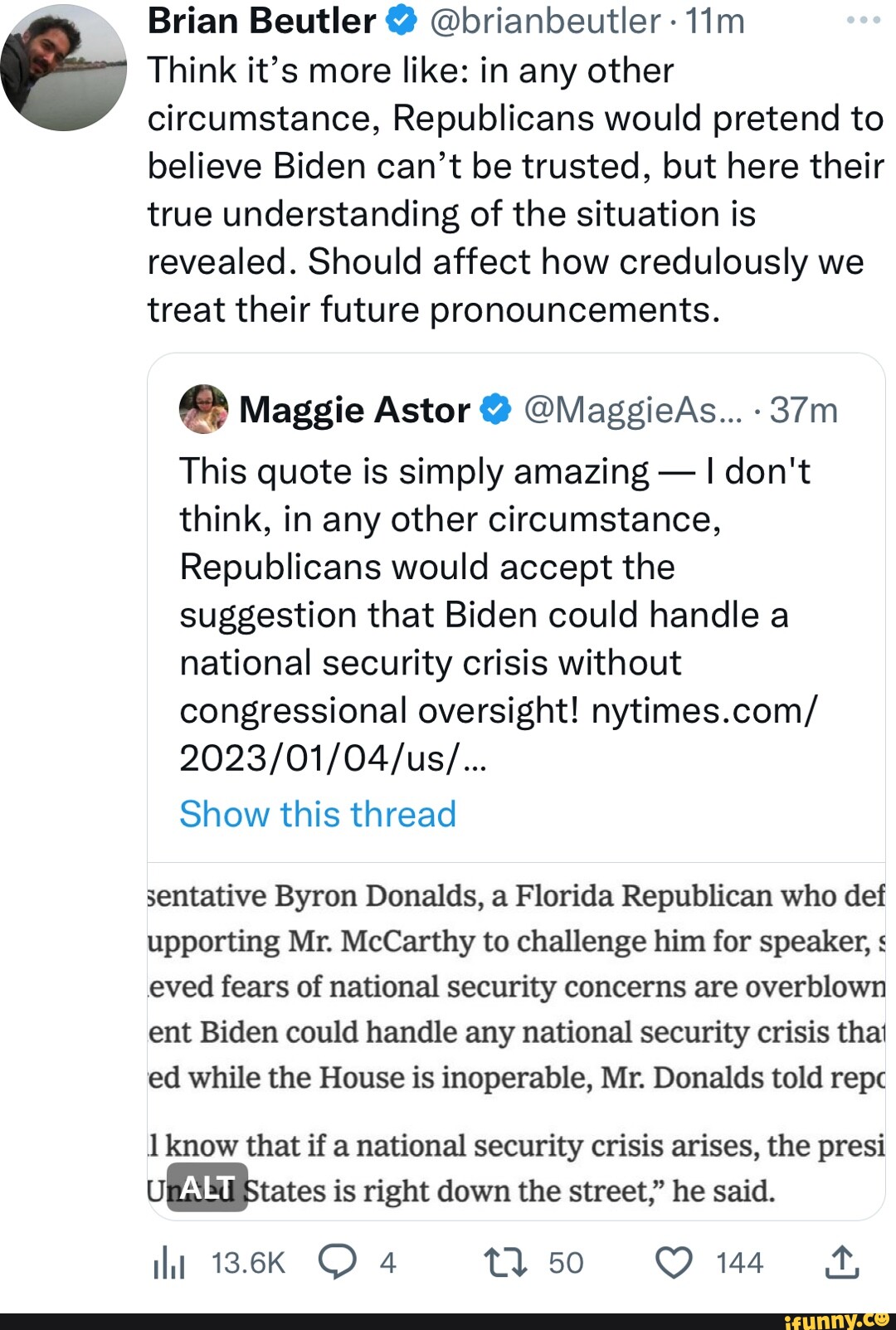 Brian Beutler @ @brianbeutler - Think it's more like: in any other ...