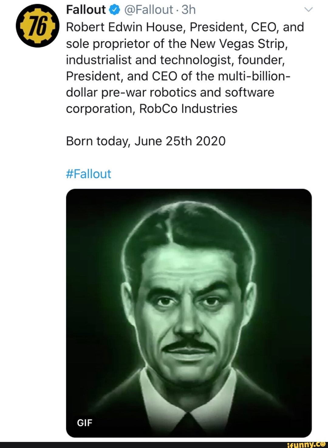 Fallout @Fallout- 3h Robert Edwin House, President, CEO, and sole ...