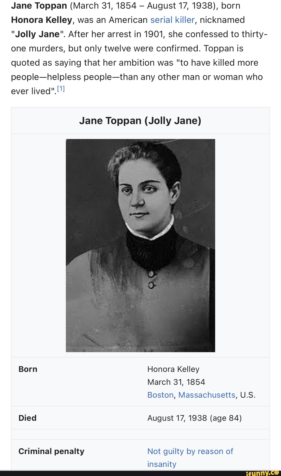 Jane Toppan (March 31, 1854 August 17, 1938), born Honora Kelley, was ...
