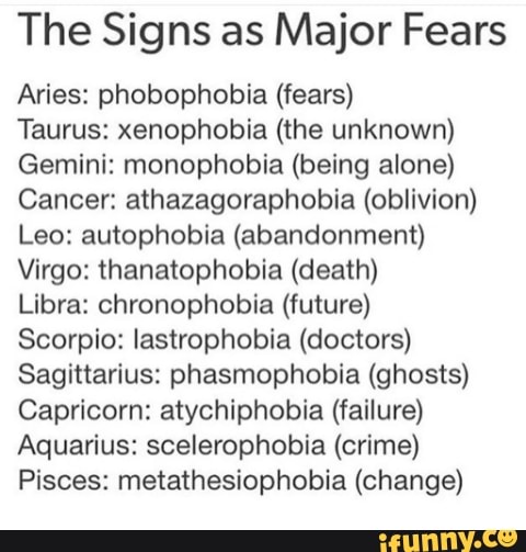 The Signs as Major Fears Aries: phobophobia (fears) Taurus: xenophobia ...