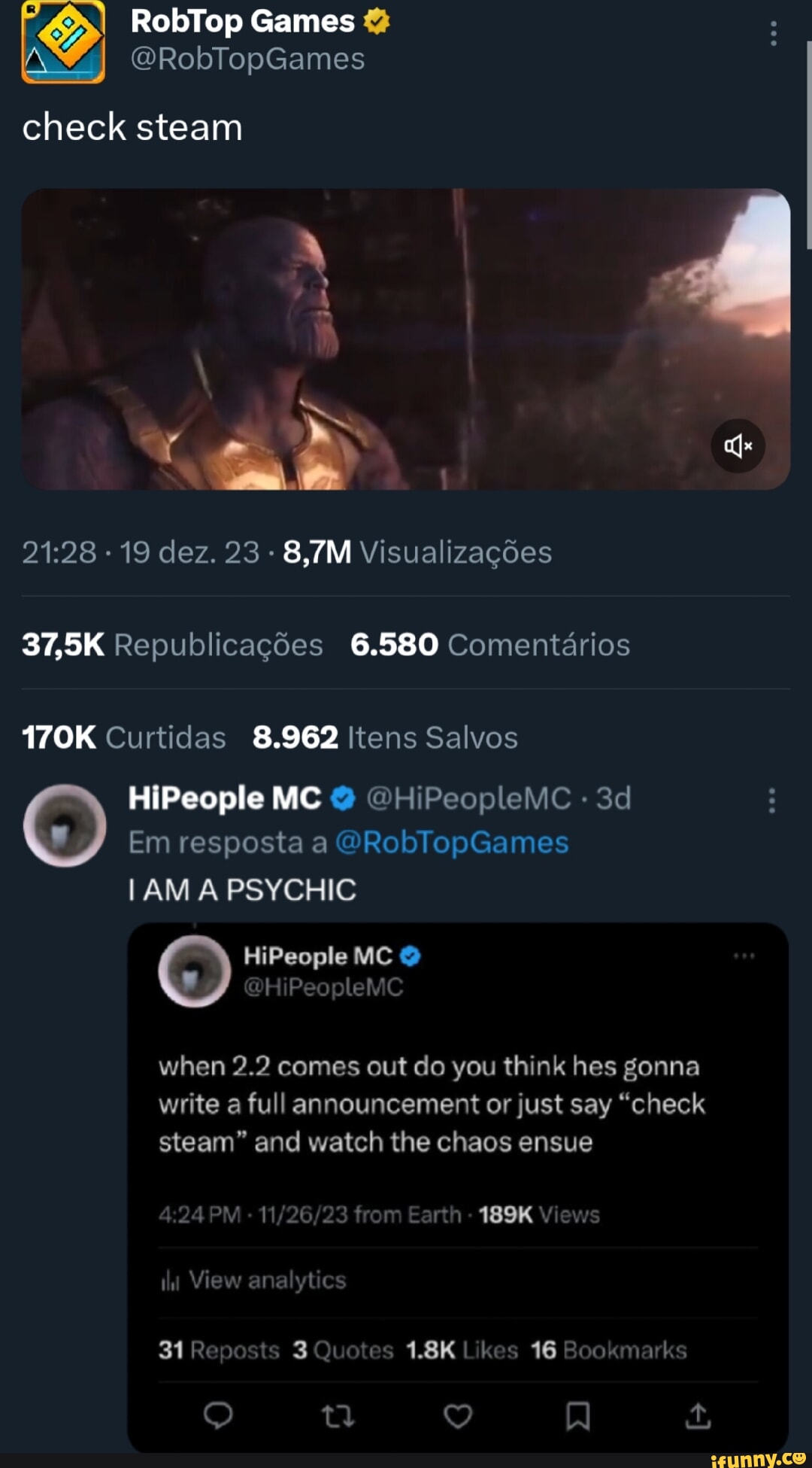 Check steam - 19 dez. 23 - 8,7M Visualizacdes 37,5K Republicag6es 6.580 ...