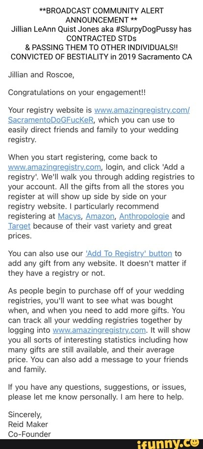 **BROADCAST COMMUNITY ALERT. ANNOUNCEMENT * Jillian LeAnn Quist Jones ...