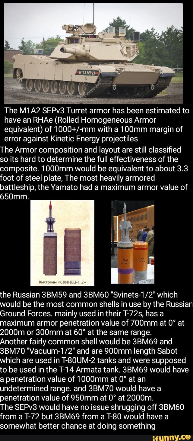 The M1A2 SEPv3 Turret armor has been estimated to have an RHAe (Rolled ...